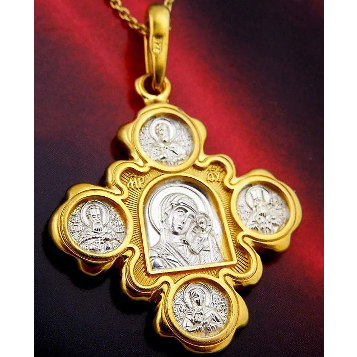 Image of the Christ The Savior Russian Neck Cross Pendant Kazan Icon of the Mother of God With Main Saints Healers - 2 Sided, Silver Gold Plate 1 1/4 Inch