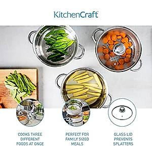 KitchenCraft KCCVSTEAM16 3 Tier Food Steamer Pan/Stock Pot in Gift Box, Induction Safe, Stainless Steel, 16 cm