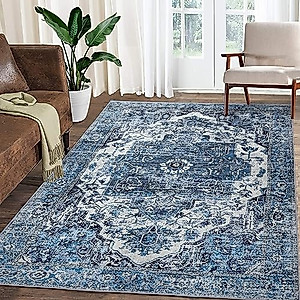 Zacoo Washable Rug Boho Rug Vintage 5x7 Area Rugs for Living Room Bedroom Dining Room Distressed Non Slip Rugs Carpet Non Shedding Oriental Rug, Blue