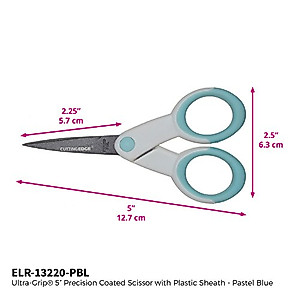 ECR4Kids Cutting Edge Ultra-Grip 5" Precision Non-Stick Coated Scissors w/Sheath - Extra Sharp Pointed Tip - For Sewing and Crafting, Pastel Blue