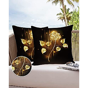 Pack of 2 Outdoor Waterproof Throw Pillow Covers Golden Rose Decorative Garden Cushion Cases for Patio Couch Sofa, Home Decoration 18x18 in