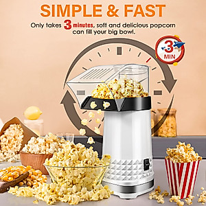 Vminno Quick & Easy Hot Air Popcorn Popper Maker with Measuring Cup + Melts Butter, 4.5 Quarts, Etl Certified, No Oil Electric Popcorn Machine with On/Off Switch for Family Movie Nights (White)