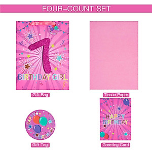 Loveinside Birthday Pink Gift Bag with Tissue Paper, Gift Tag and Greeting Card for 7th Girl Birthday, Party, Baby Shower and More - 10" x 5" x 13", 1 Pcs - 7th Birthday