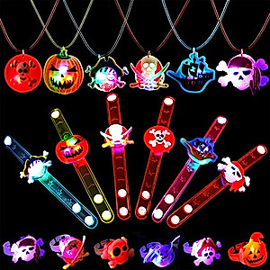24 Pieces Halloween LED Necklace Light Up Wristband Slap Bracelets and LED Flashing Rings Glow in the Dark Party Supplies for kid Halloween Party Decorations Party Favors