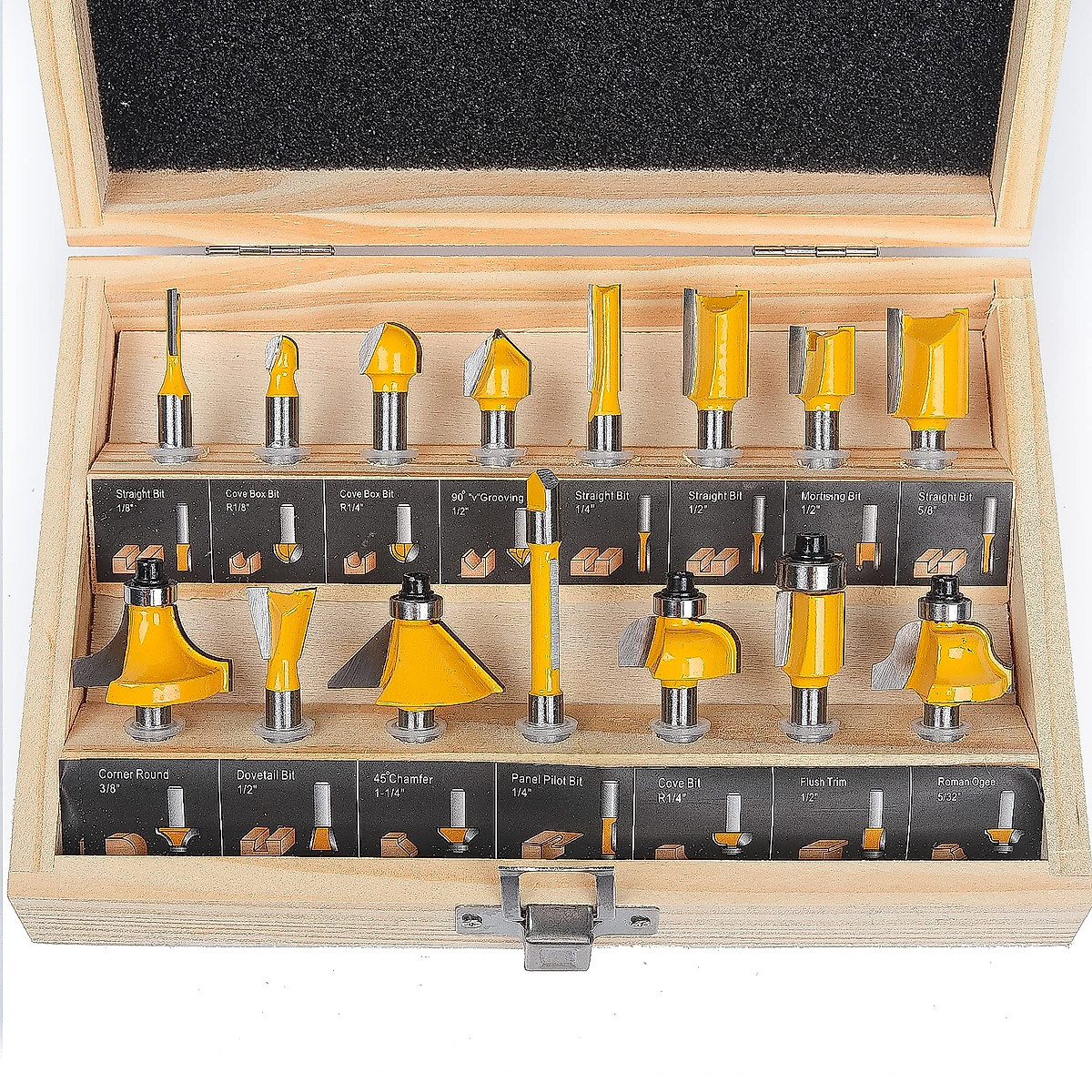 TOOLDO Router Bits 15 Pcs Set with Wooden Box, 1/4 Inch Shank with High-End Carbide Router Bits Kit, for Woodwork Project