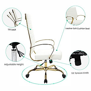 LeisureMod Benmar Modern High-Back Adjustable Swivel Leather Office Chair with Gold Frame (White)