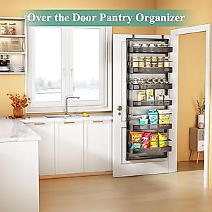 Spice Rack Over the Door Pantry Organizer - 6 Tier Metal Adjustable Hanging Spice Organization for Pantry, Space Saving Pantry Door Storage for Kitchen, Black