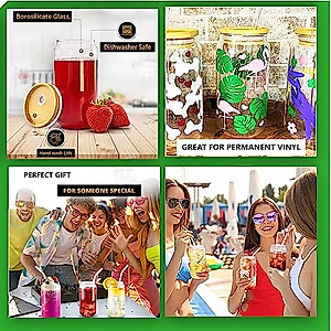 PLASNT Glass Cups with Bamboo Lids and Straws 4 Can Shaped Glasses Glass Can Cup Glass Coffee Cups with Lids and Straw Beer Can Glass with Lids And Straw16 oz