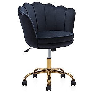 BELLEZE Upholstered Velvet Seashell Accent Chair, Rolling Swivel Office Vanity Unique Cute Decorative, Armless Stylish Comfy, Adjustable Height - Kaylee (Black - Gold)