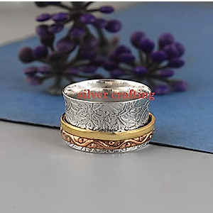 Sterling Silver Spinning Ring Rose Gold Wide Spinner for Women Boho Meditation Spinner Ring (7.5)