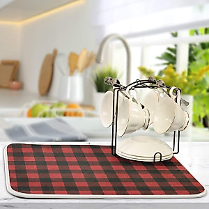 Red and Black Buffalo Plaid Dish Drying Mat 16x18 for Kitchen Merry Christmas Winter Xmas Dishes Pad Dish Drainer Rack Mats Absorbent Fast Dry Kitchen Accessories