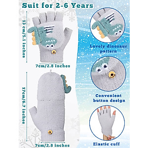 Bencailor 3 Pair Convertible Mittens Kids Knitted Warm Fingerless Gloves Toddler Cartoon Gloves with Mitten Cover for Boy Girl (Blue, Navy, Gray, Dinosaur)