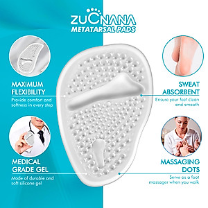 ZUCNANA Ball of Foot Cushions (2 Pairs Gel Shoe Inserts), Heel Inserts for Women, Non Slip Heel Pads, Heel Cushions for Women Foot Pain Relief and Comfort, One Size Fits Any (Clear)