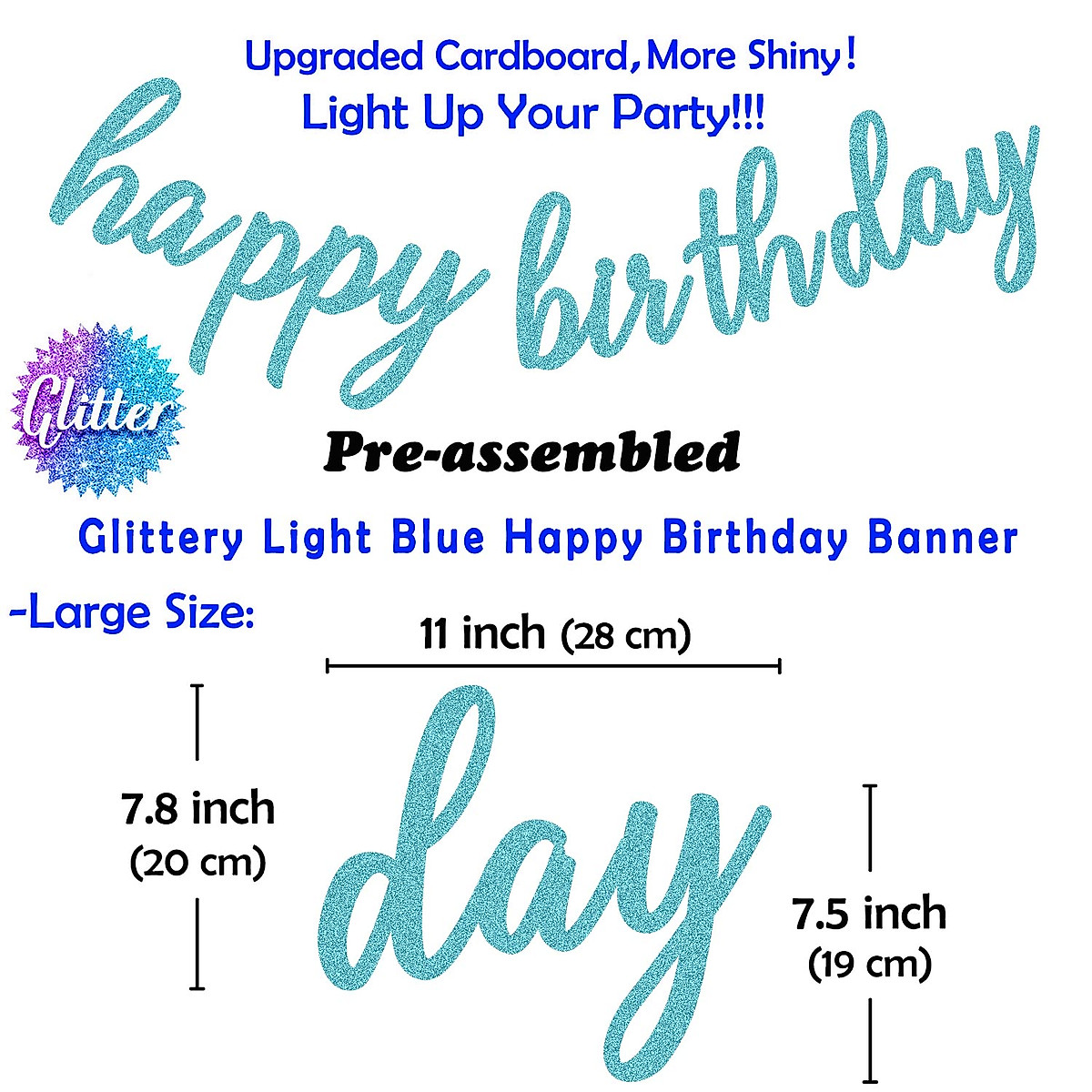 Aonor Happy Birthday Decorations - Glittery Blue Happy Birthday Banner Sign, Pom Poms Flowers, Glittery Circle Dots Garland and Hanging Swirls for Bluey Birthday Party Decorations