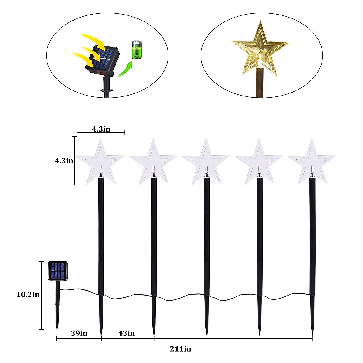 Solar Christmas Lights Outdoor, Energy Saving Waterproof Solar Powered Stake Lights, 2 Lighting Modes Christmas Decorations for 4th of July Home, Pathway, Garden, Walkway, Yard, Lawn, Patio (5 Stars)