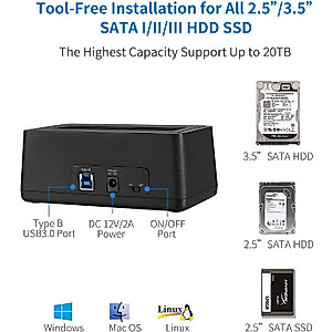 SSK USB 3.0 to SATA External Hard Drive Docking Station Enclosure Adapter for 2.5 & 3.5 Inch HDD SSD SATA, super speed up to 5Gbps, Support UASP no drivers needed(20TB Supports)