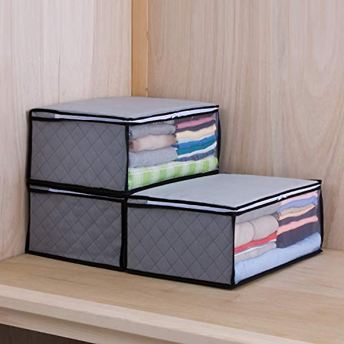 Astro Clothes Storage Bags, 3 Pack Clothes Storage Bins Foldable Closet Organizers with Activated Carbon , Breathable Material, Zipper, Clear Window for Sweaters, Coats, T-shirts, Blankets Grey, 171-01