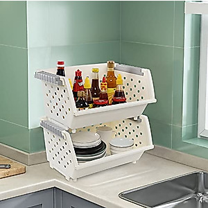 Sosody 4 Tier Plastic Basket Shelf, Large Stackable Pantry Bins