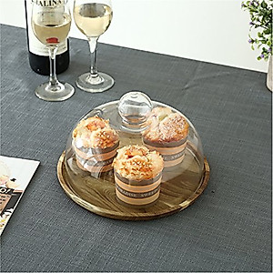 MyGift 8 Inch Clear Glass Dessert Cake Plate & Cheese Cloche Dome with Acacia Wood Serving Tray