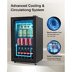 Iorbur FLB-60 Refrigerator Cooler-120 Can Freestanding Beverage Cooler with Glass Door-Small Drink Dispenser Machine for Office or Bar with Adjustable Removable Shelves, Black