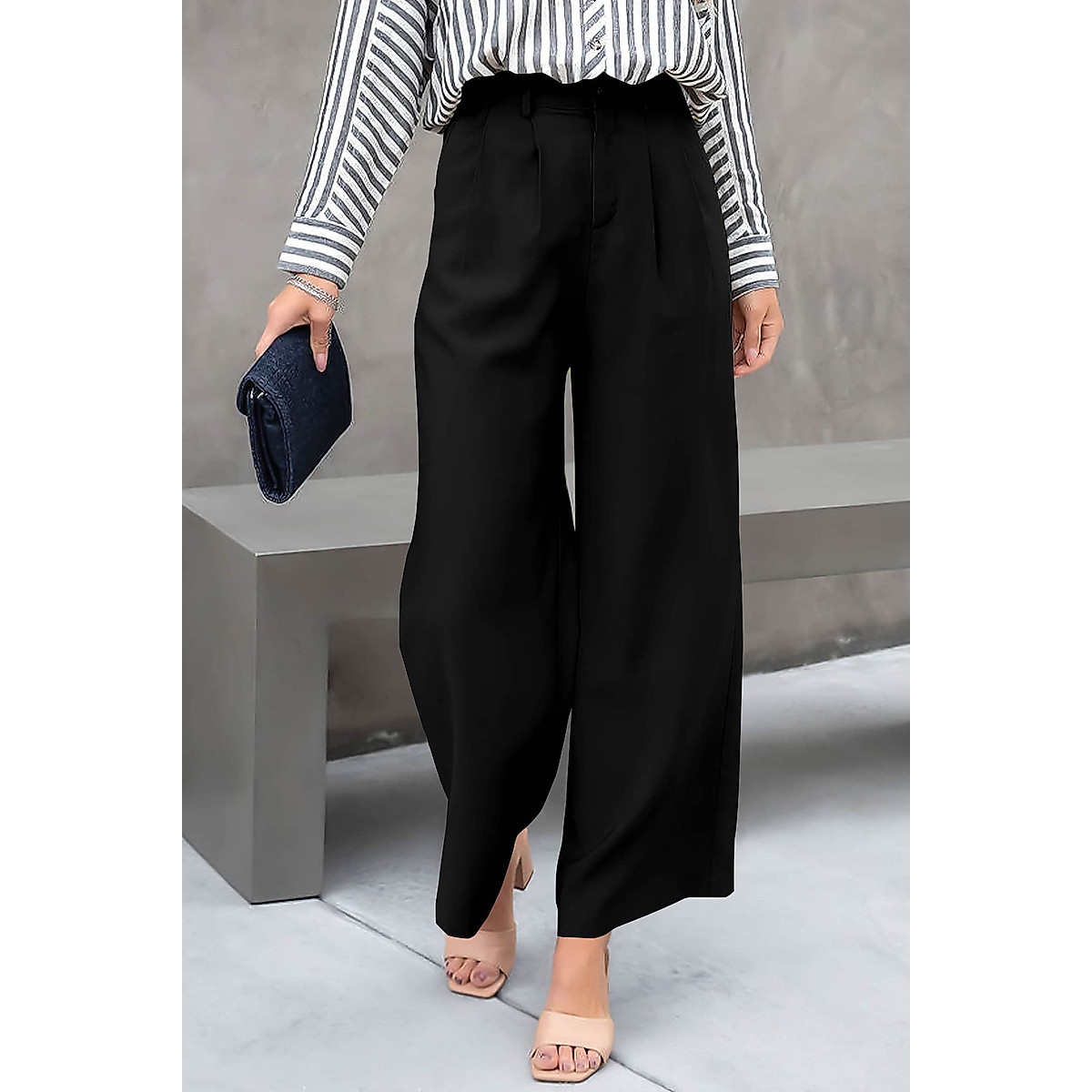 PRETTYGARDEN Women's Casual Summer Work Pants High Waisted Palazzo Pant Flowy Wide Leg Trousers with Pockets (Black,Medium)