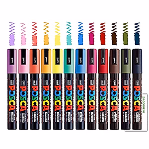 Posca Paint Marker PASTEL & DARK Color Set, Mitsubishi Uni Poster Color Marking Pen Medium Point (PC-5M) 12 Color + Loconeko Original Manual Set