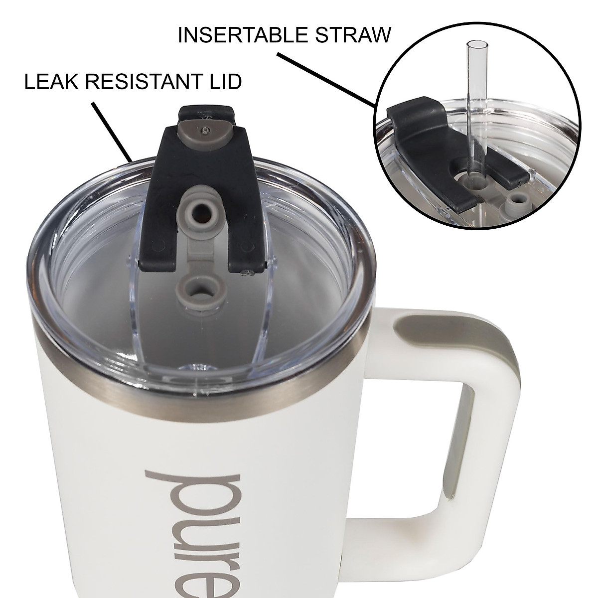 PURELY 40 oz Ceramic Lined Insulated Tumbler with Handle, Leak Resistant 2-way Lid and Straw, Ceramic Lined Travel Mug (White, 40oz)