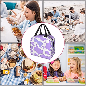 Cow Pattern Purple Lunch Box Bento Travel Bag Picnic Tote Boxes Insulated Durable Container Shopping Bag Reusable Waterproof Bags For Adult Women Men