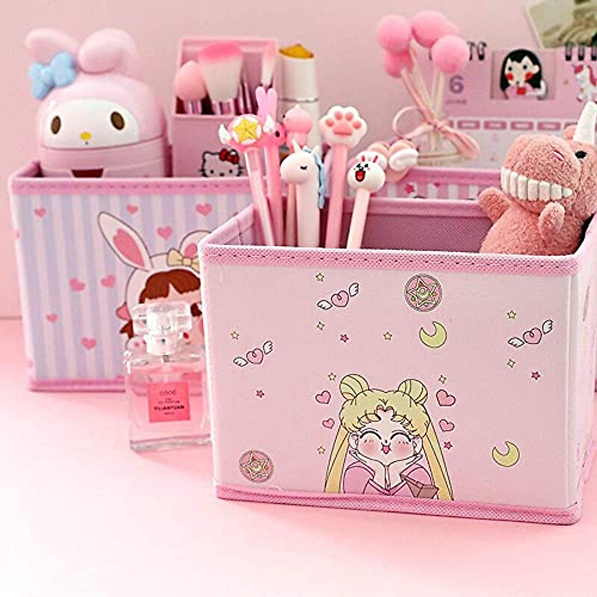 NocksyDecal Sailor Girl Storage Bins Set, Anime Cartoon Storage Box Pink Cute Storage Cube Basket Bin Organizer, Desk Organizer for Office Bedroom Home, Closet (3Pcs/Set)