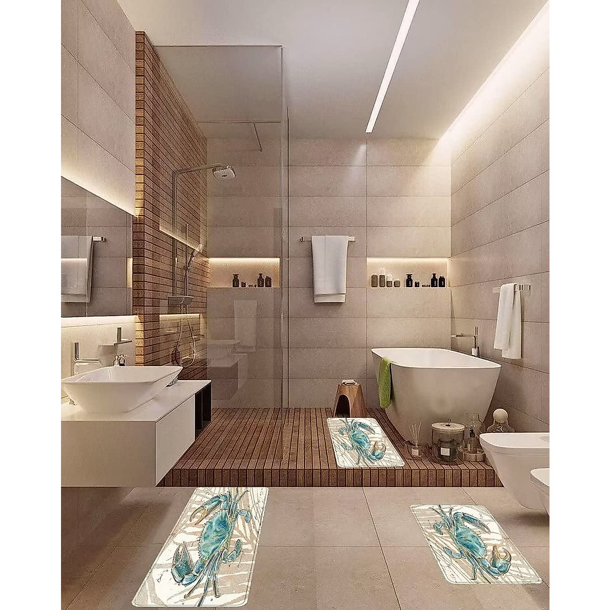 Kitchen Rugs Sets 3 Piece Floor Mats Sea Underwater Submarine Crab Durable Doormat Nautical Ocean Animal Area Rug Washable Runner Carpet Set Non Slip Fantastic Crab Design Kitchen Rugs and Mats