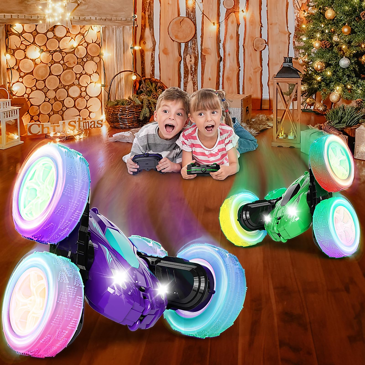 28℃ Remote Control Car for Boys, Drift High Speed RC Cars, 4WD 2.4Ghz Rechargeable RC Truck with Double Sided 360 Flips and Headlights Wheel Lights, Off-Road Stunt Toy Car for Kids Boy Girls (Purple)