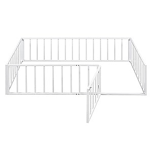 DNYN Twin Size Metal Floor Bed Frame with Door for Kids Bedroom,Metal Struture Bedframe w/Fence,No Box Spring Needed,77" x 41.1"x 21.7"H, White
