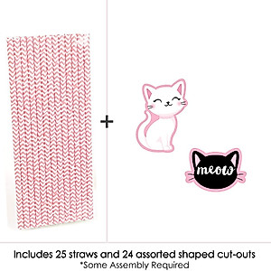 Big Dot of Happiness Purr-fect Kitty Cat - Paper Straw Decor - Kitten Meow Baby Shower or Birthday Party Striped Decorative Straws - Set of 24