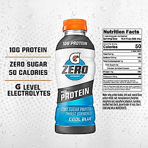 Gatorade Zero With Protein, 10g Whey Protein Isolate, Zero Sugar, vegetarian, Liquid Electrolytes, Cool Blue, 16.9 Fl Oz Bottle, 12 Pack