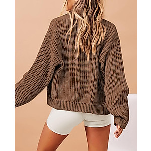 Women's 2023 Fall Casual Crop Cardigan Long Sleeve Full Zipper Chunky Knit Cardigans Sweaters Jacket Coat Chestnut M