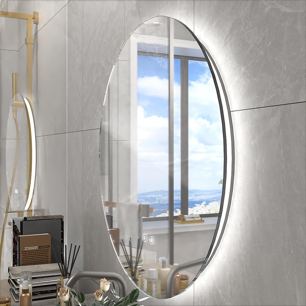 JSneijder 2-Piece LED Bathroom Mirror 32 Inch Backlit Round Mirror & 28x36 Inch Rectangular Mirror, Wall Mounted Dimmable Anti-Fog