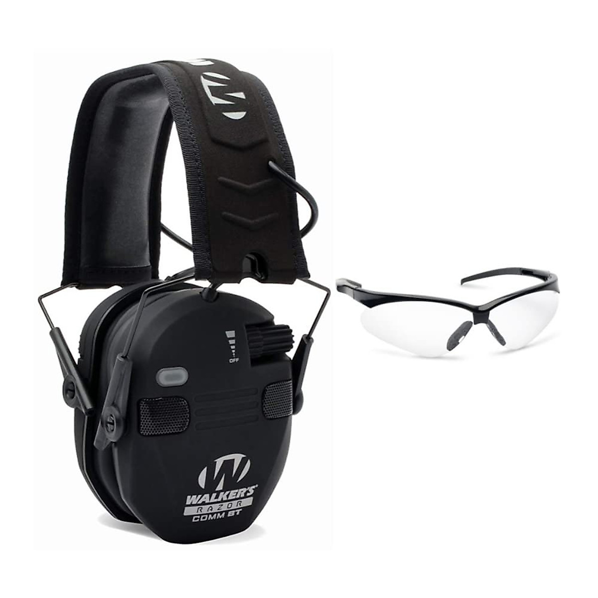 Walkers Razor Quad Electronic Shooting Hearing Protection Muff, Bluetooth Sync with Mobile Devices (Black) and Protective Glasses Kit
