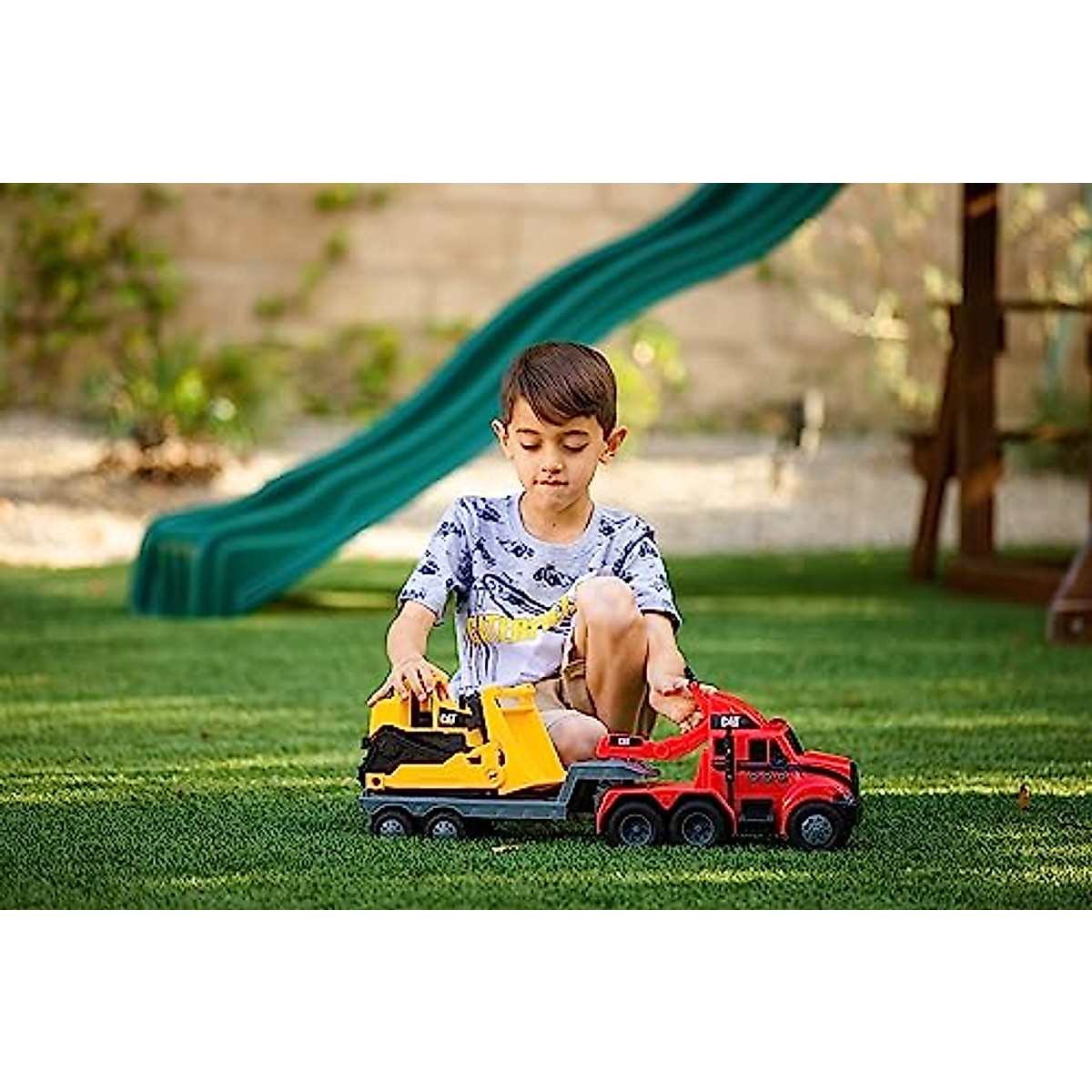 CAT Construction Toys, Heavy Movers, Semi Firetruck and Trailer with Bulldozer, Lights & Sounds, Ages 3 and up