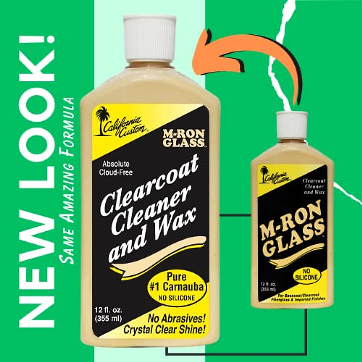 CALIFORNIA CUSTOM Products - M-Ron Glass Clearcoat Cleaner & Wax with Finest Pure #1 Carnauba Wax That Seals and Protects With A Crystal Clear Shine, No Silicone, Body Shop Safe, Can Be Applied In Direct Sun Light! (12 oz Bottle)