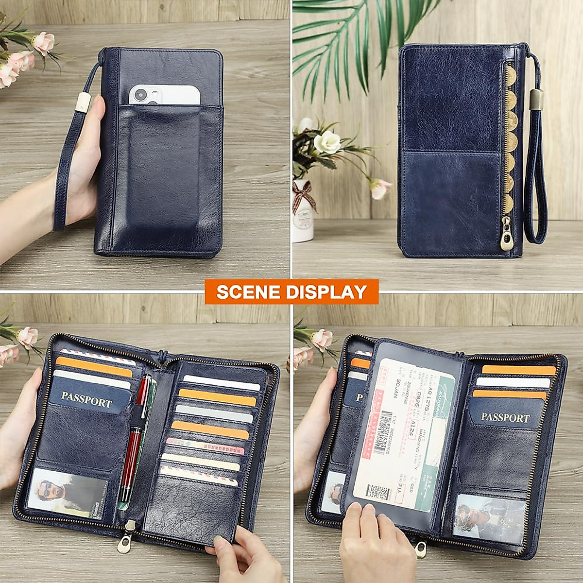 Contacts Passport Wallet Leather Family Passport Holder for 4 Travel Documents Organizer RFID Blocking Zipper Blue Card Wallet with 13 Card Slot