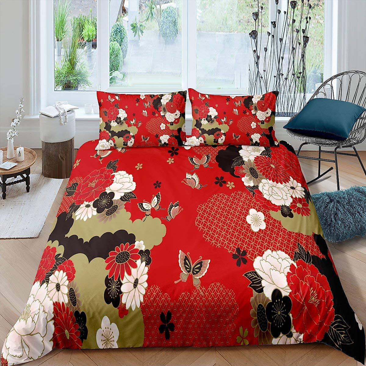 Erosebridal Japanese Style Bedding Set Butterfly Duvet Cover, Retro Flower Comforter Cover Romantic Garden Style Bedspread Cover, Red Decorative 3Pcs Queen Size, Bedding Collection