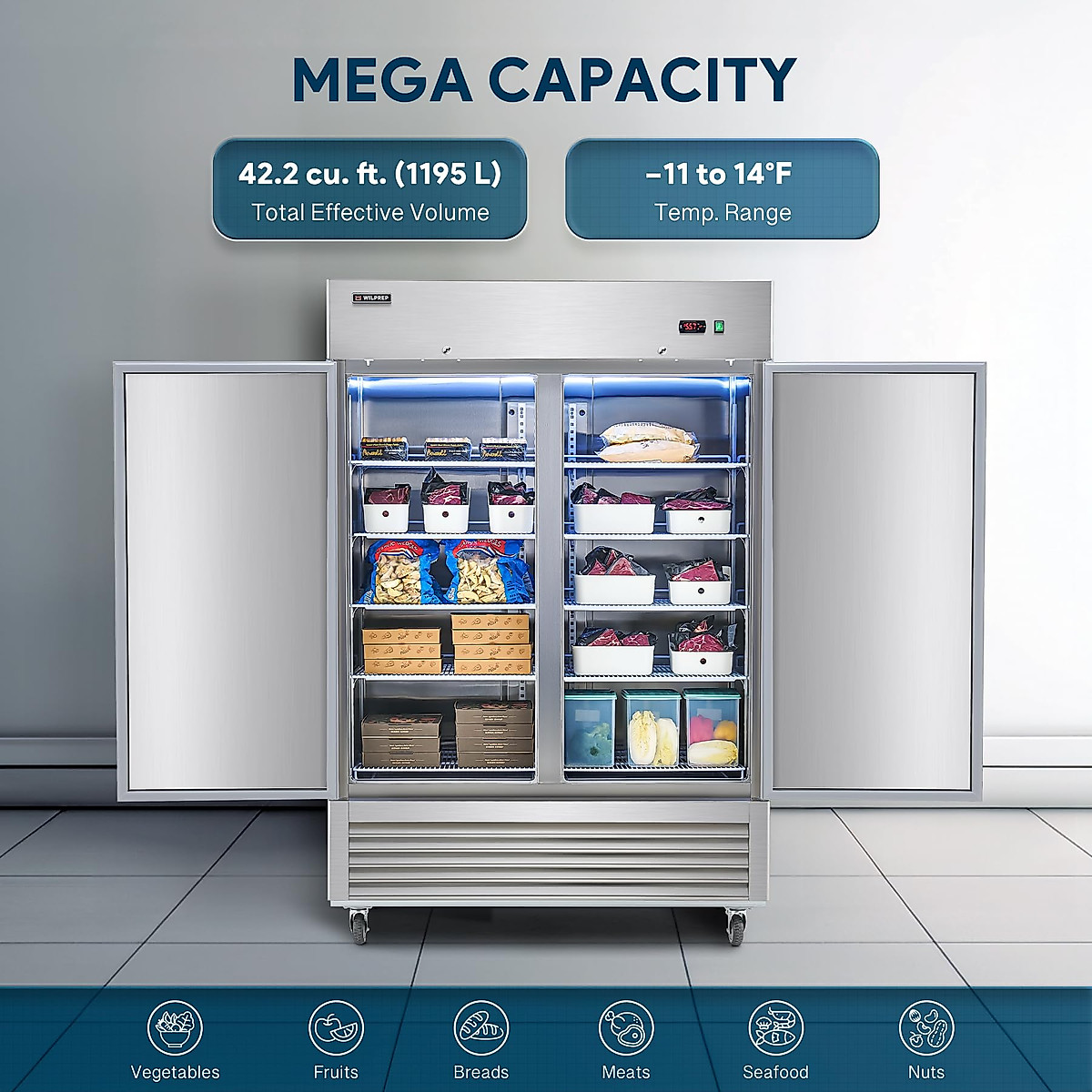 WILPREP Commercial Freezer ETL-Listed, 54" 2 Solid Door 2 Section Freezer with 42.2 cu. ft. Capacity, Stainless Steel Reach in Freezer with Air Cooling