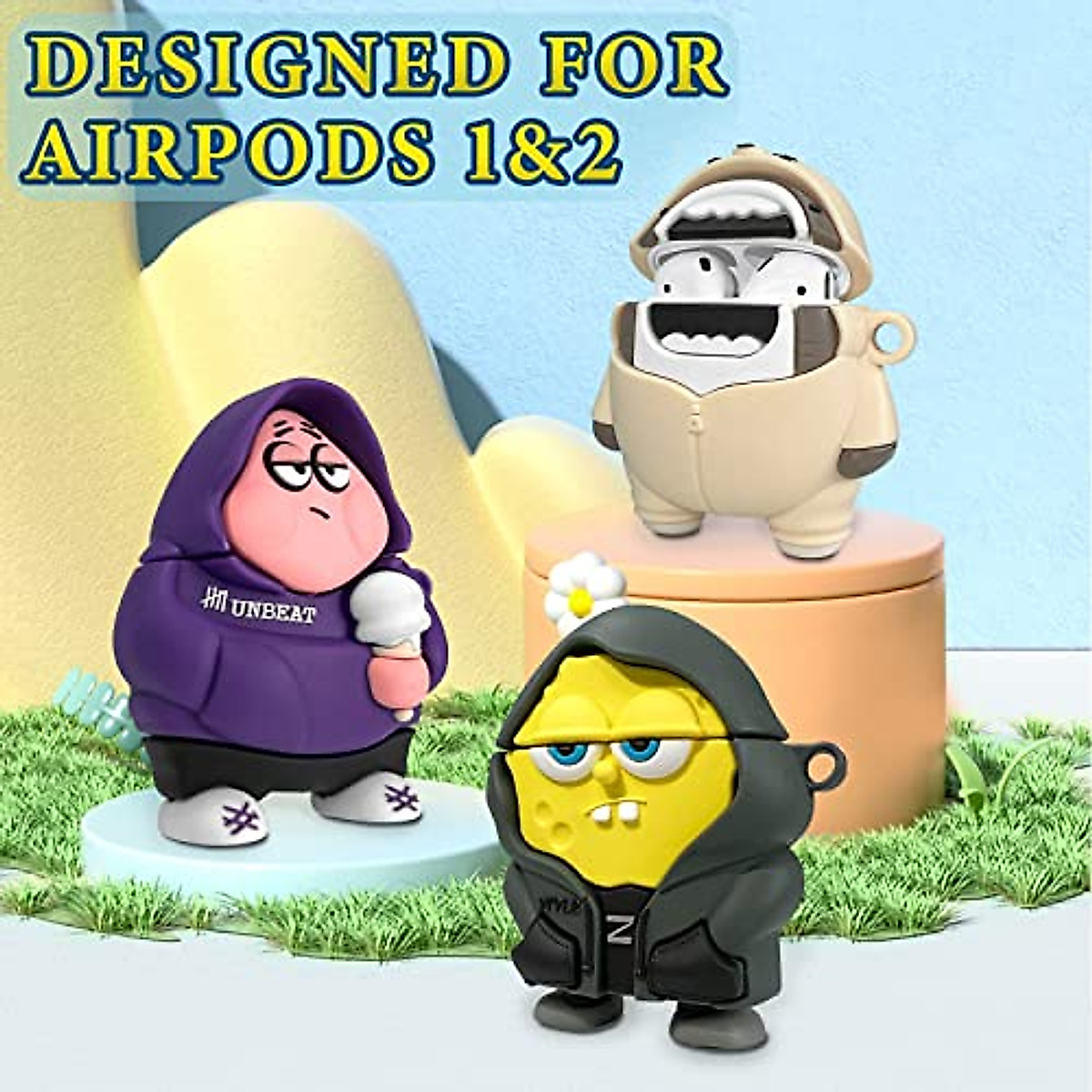 3 Pack Cute Cartoon Character AirPods Case for AirPod 2/1,3D Kawaii AirPod Case 2nd Generation,Funny Fun Cartoon Cool Soft Silicone Protective Cover for Apple Airpods Case with Keychain for Women Men