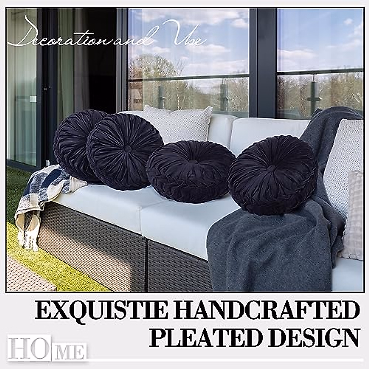 Kathfly 4 Count Round Throw Pillow Velvet Pleated 3D Pumpkin Round Pillow Boho Floor Cushion Couch for Bed Chair Home Car Sofa Decorations, 14.17 x 14.17 Inches (Black)