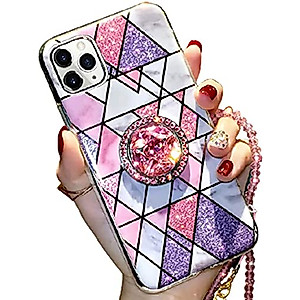 Aulzaju for iPhone 12 Pro Max Girly Case with Ring Stand Luxury Bling Diamond Hard PC Back Rugged Marble Design Cute Glitter Rhinestone Geometric Bumper Cover with Bead Lanyard for Women 6.7'' Pink