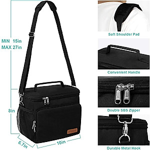 Insulated Lunch Bag for Women/Men - Reusable Lunch Box for Office Work School Picnic Beach - Leakproof Cooler Tote Bag Freezable Lunch Bag with Adjustable Shoulder Strap for Kids/Adult - Black