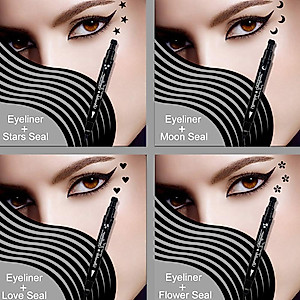 FANTEXY Double-headed Eyeliner Stamp,Eyeliner Pencil Pen with Eye Makeup Stamp,Waterproof, Double Sided & Long Lasting Seal Tattoo Makeup Tool Black(Heart/Moon/Star/flowers Shape Stamp Pen 4 Pcs