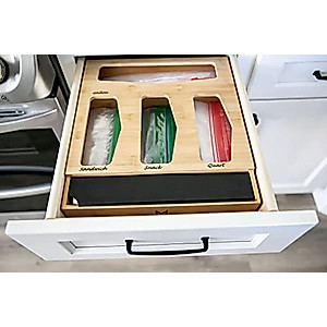 JMJ Ziplock Storage Bag Organizer for Kitchen Drawer, Pantry, Countertop. Bamboo Dispenser Fits Gallon, Sandwich, Quart, Snack. Fits 12" Foil or Plastic Wrap Roll