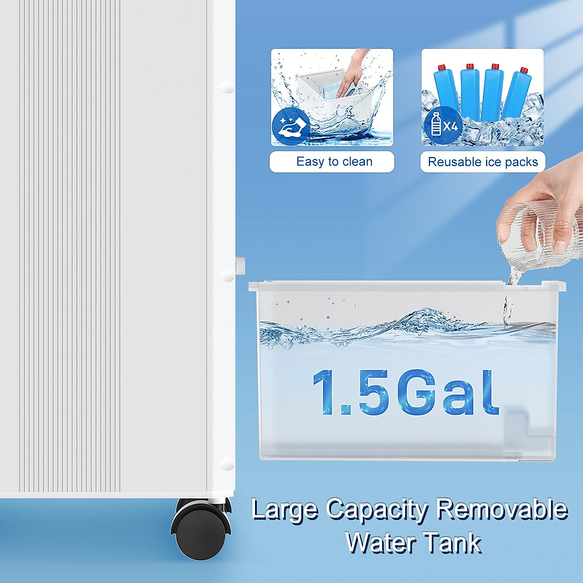 Portable Air Conditioners, Fast Cooling Evaporative Air Cooler, Portable AC for Room w/Lock, 4 Mode/3 Speed/Timer, 1.5 Gal Swamp Cooler with Remote, Windowless Air Conditioner for Bedroom Garage