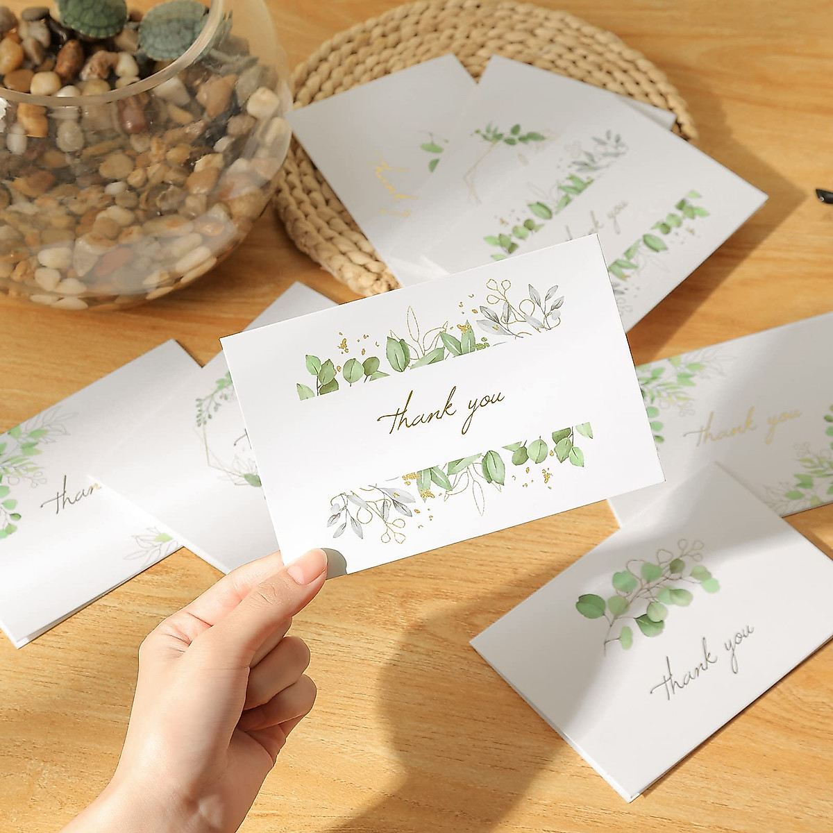 WLIEYEE 48 Pack Thank You Cards with Envelopes and Stickers, 6x4 Inch Watercolor Greenery Gold Foil Design Thank You Blank Notes for Engagement, Bridal Shower, Business, Funeral Wedding, Baby Shower, Graduation (Greenery-gold)